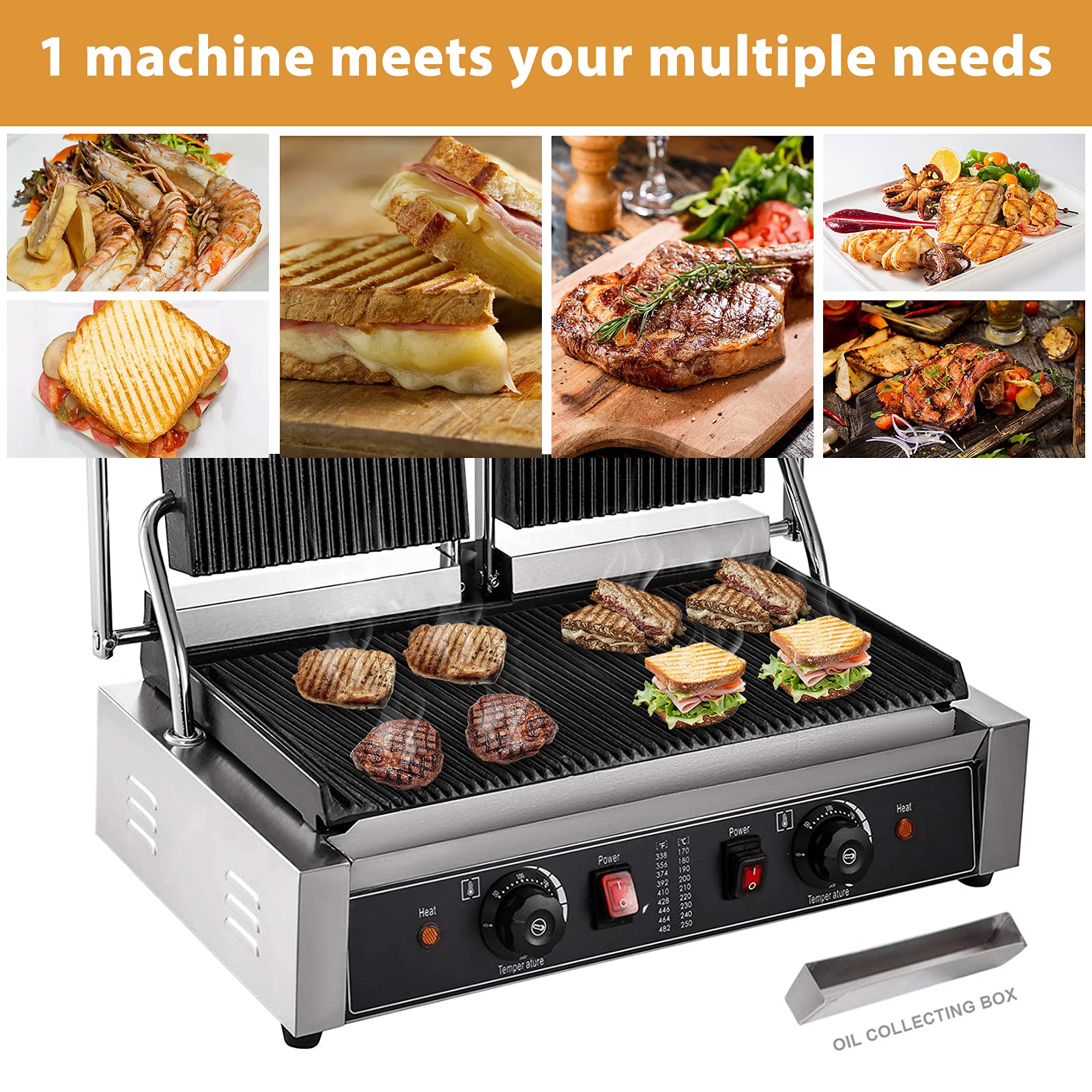 Commercial Sandwich Panini Press,110V 2X1800W Double Commercial Panini Presser Non-Stick Full Grooved Plates 122°F-572°F Temp Control for Hamburgers Steaks Bacons,22.8" x 14.4"