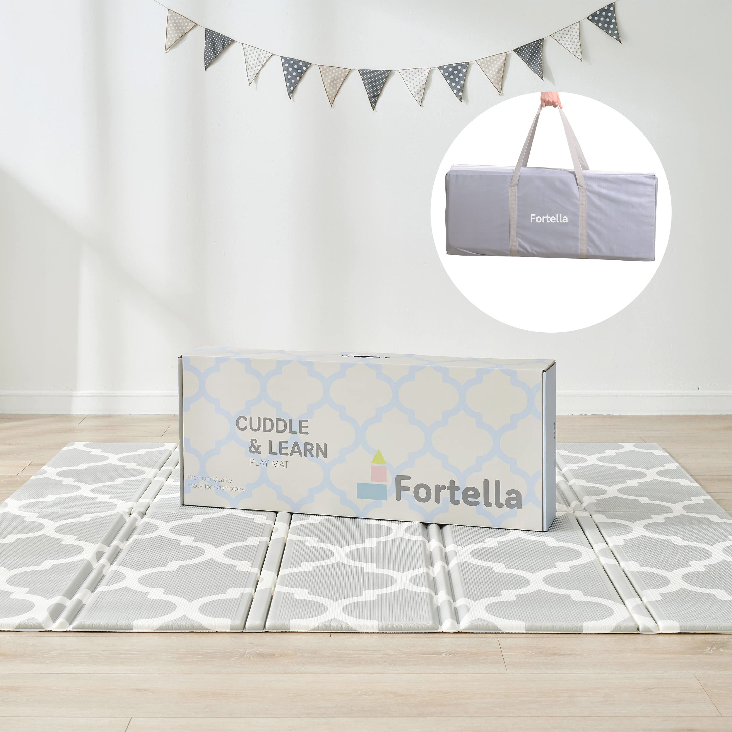 Cuddle & Learn Playmat by Fortella, Foldable Foam Baby Play Mat for Floor, Extra Large & Padded for Tummy Time and Outdoors, Portable with Travel Case (Alphabet & Moroccan 71.5x70x0.6 inch)