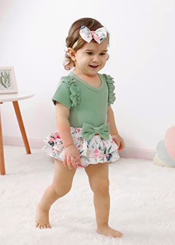 nilikastta Newborn Baby Girl Clothes Infant Girl Summer Outfit Ruffle Sleeve Romper Floral Shorts Bowknot Headband Set(Green,3-6M)