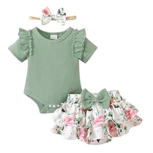 nilikastta newborn baby girl clothes infant girl summer outfit ruffle sleeve romper floral shorts bowknot headband set(green,3-6m)