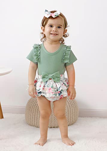 nilikastta Newborn Baby Girl Clothes Infant Girl Summer Outfit Ruffle Sleeve Romper Floral Shorts Bowknot Headband Set(Green,3-6M)