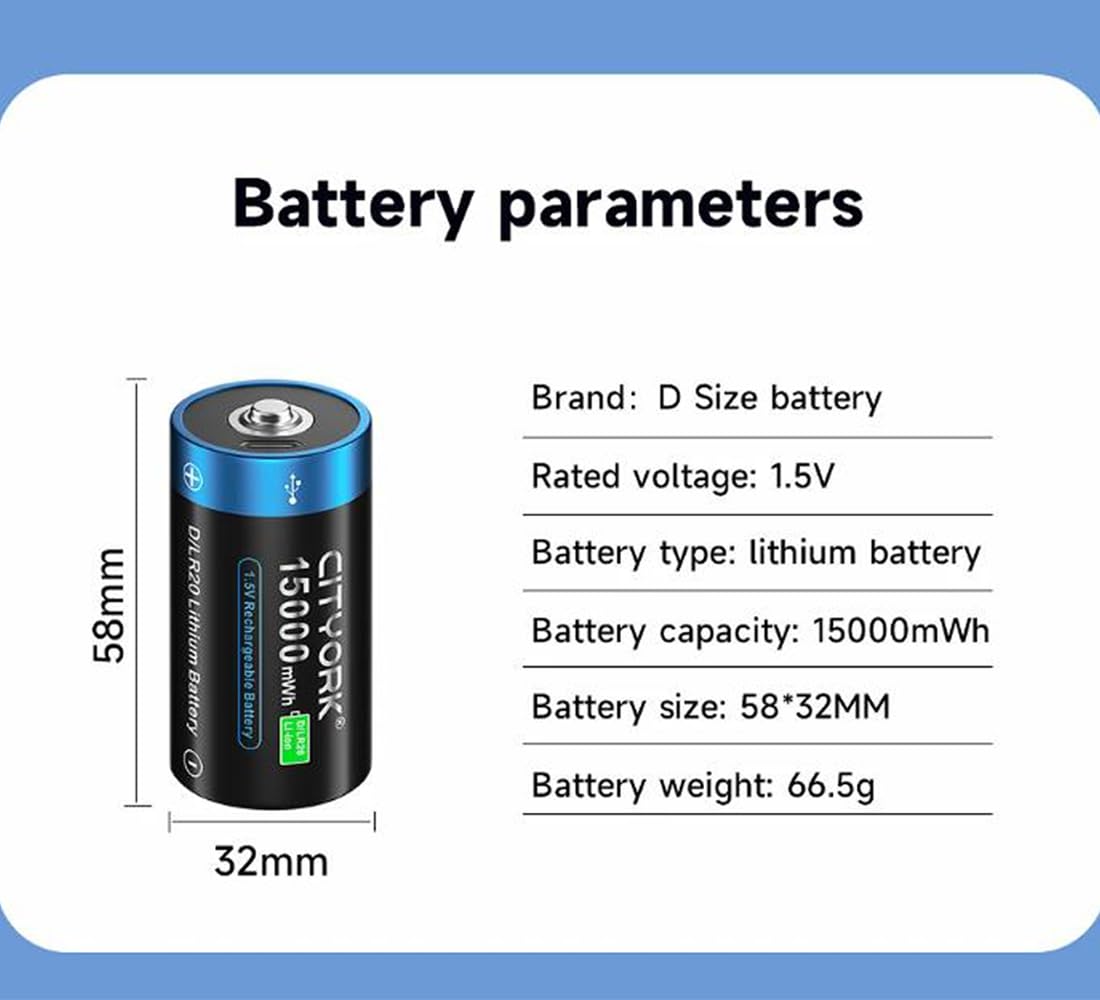 CITYORK 4 Pack D Batteries, 15000mAh USB Rechargeable D Cell Lithium Batteries with 4 in 1 USB-C Cable, 1.5V Constant Output D Size Battery for Flashlights, Remote Controls, Radios,Toys, Clocks