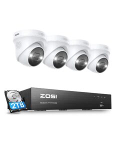 zosi 4k spotlight poe security camera system with 2tb hdd,person vehicle detection,4pcs 4k indoor outdoor poe ip cameras with 2 way audio,color night vision,8 ports 16ch 8mp nvr for 24-7 recording