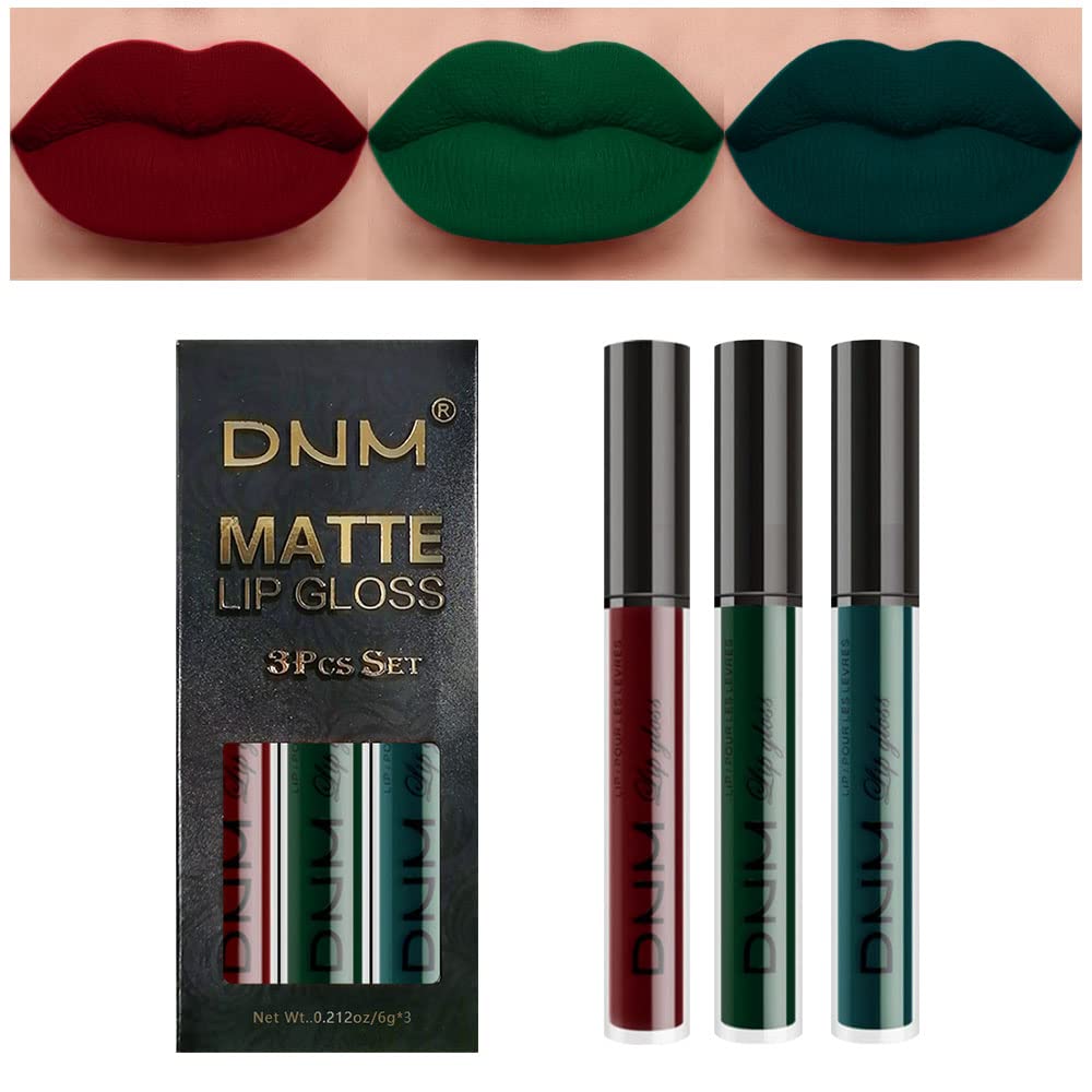 evpct 3Pcs Dark Color Colored Red Emerald Green Matte Liquid Lipstick Make up Set 24 Hour Long Lasting Waterproof Smudge Proof Deep red Green Liquid Lipstick Matte Lip Stain Gloss Liner Green Kit 8