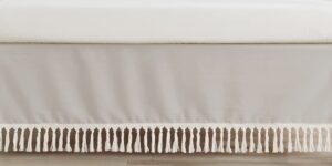 sweet jojo designs boho bohemian boy girl baby crib bed skirt nursery dust ruffle - solid taupe beige ivory cream off white linen farmhouse shabby chic designer modern minimalist tassel macrame cotton