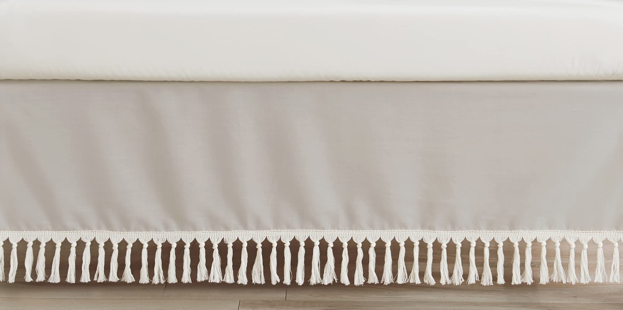 Sweet Jojo Designs Boho Bohemian Boy Girl Baby Crib Bed Skirt Nursery Dust Ruffle - Solid Taupe Beige Ivory Cream Off White Linen Farmhouse Shabby Chic Designer Modern Minimalist Tassel Macrame Cotton