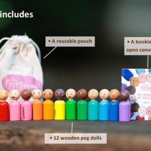 My Felt Story Set of 12 - Rainbow Wooden Peg Dolls with Emotions | Multicultural Skin Tone Figures | Sensory Autism Toys for Toddlers, Early Education, Social Emotional Therapeutic Learning