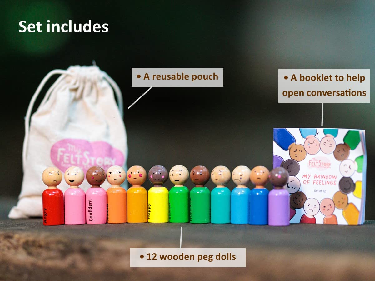 My Felt Story Set of 12 - Rainbow Wooden Peg Dolls with Emotions | Multicultural Skin Tone Figures | Sensory Autism Toys for Toddlers, Early Education, Social Emotional Therapeutic Learning