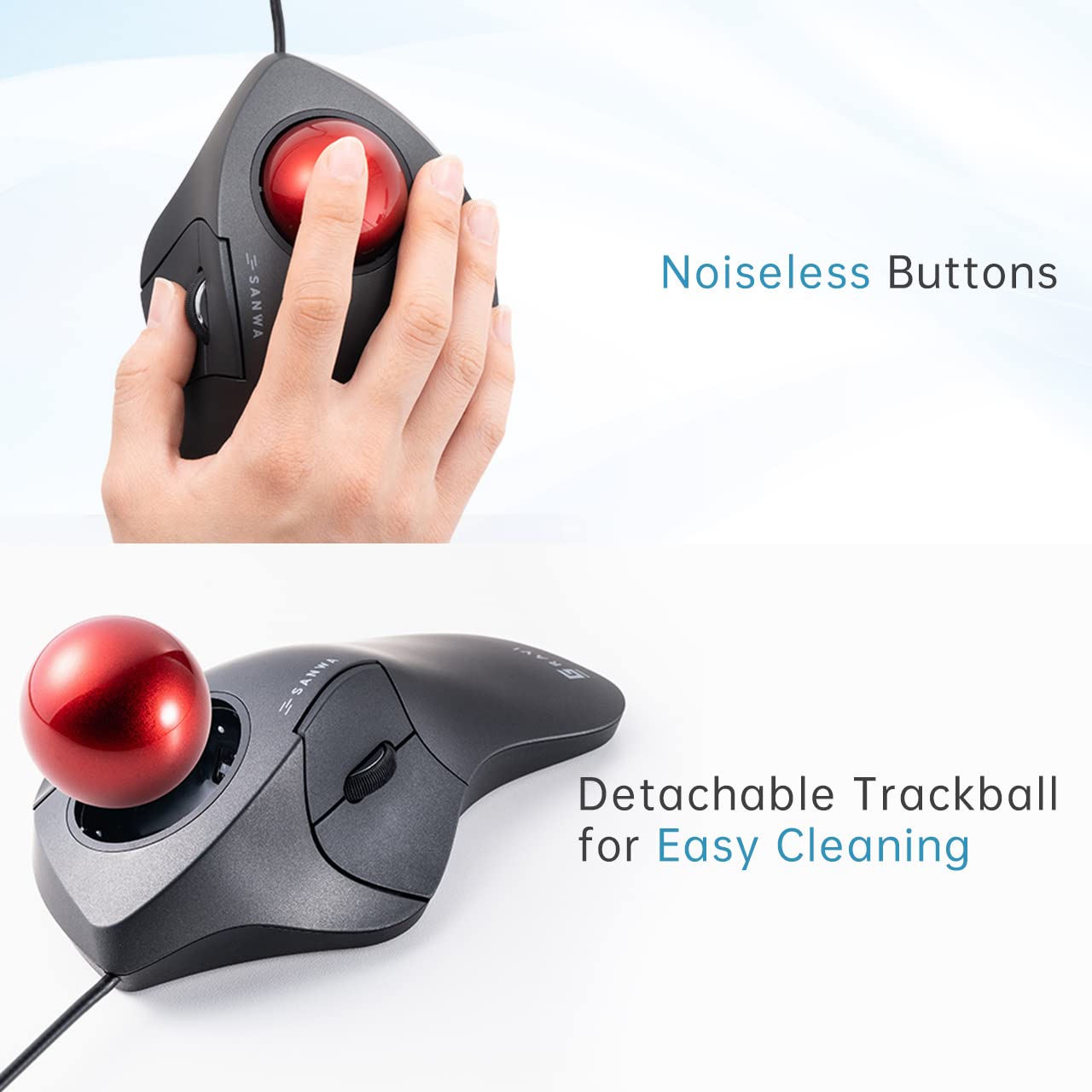 SANWA Wired Ergonomic Trackball Mouse, Optical Rollerball Mice, Programmable Silent Buttons, 44mm Trackball, 600/800/1200/1600 Adjustable DPI, Compatible with MacBook, Laptop, Windows, macOS