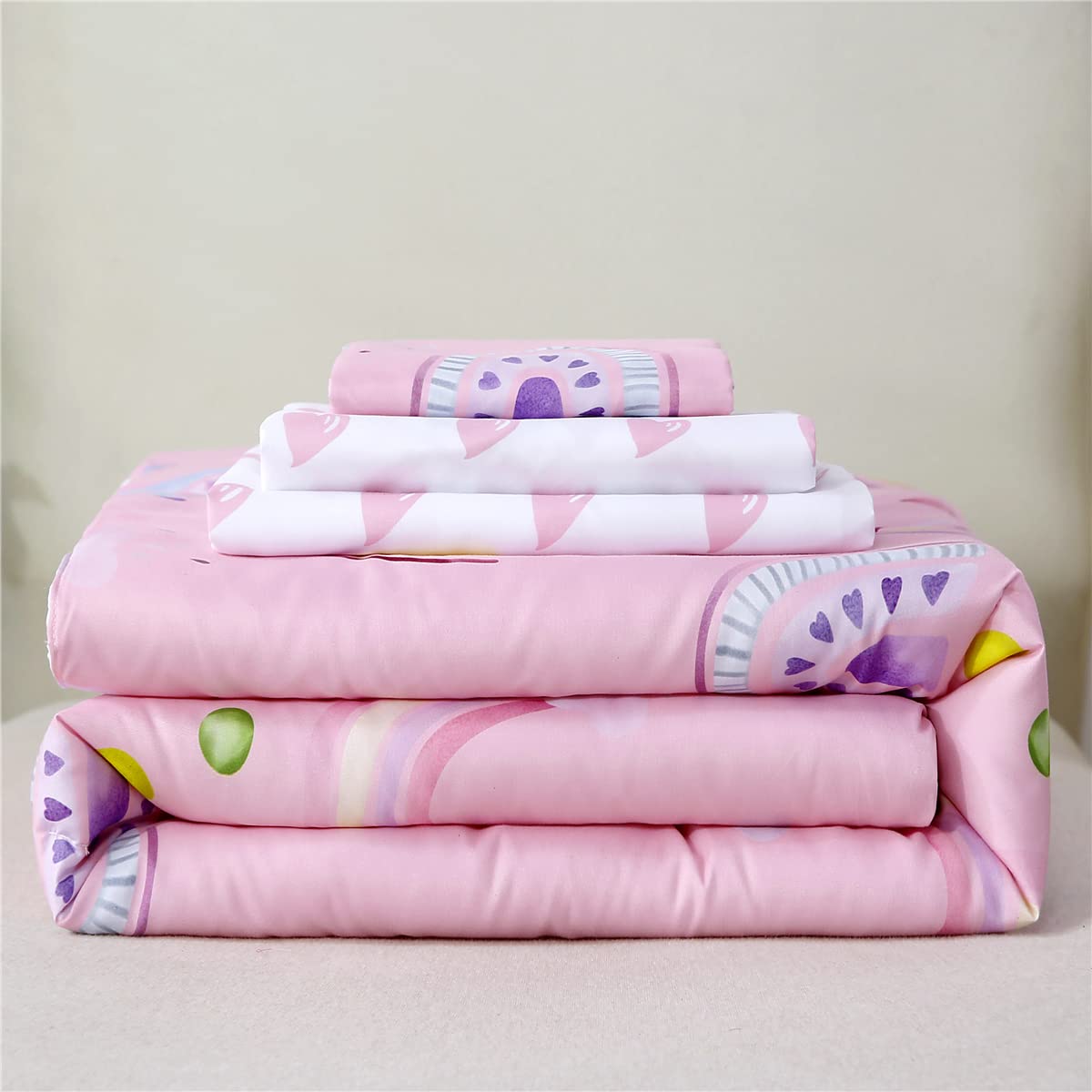 URBONUR 4-Piece Toddler Bedding Set - Ultra Soft Colorful Rainbow Cloud on Pink Girls Toddler Comforter Set - Include Comforter, Flat Sheet, Fitted Sheet and Reversible Pillowcase