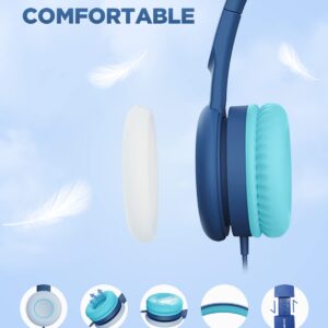 BIGGERFIVE Kids Headphones, Wired Headphones for Kids Boys Girls, 85/94dB Safe Volume Limited, Microphone, Foldable, 3.5mm Jack Stereo Child Teens Headphones for School/Travel/iPad/Tablet, Blue