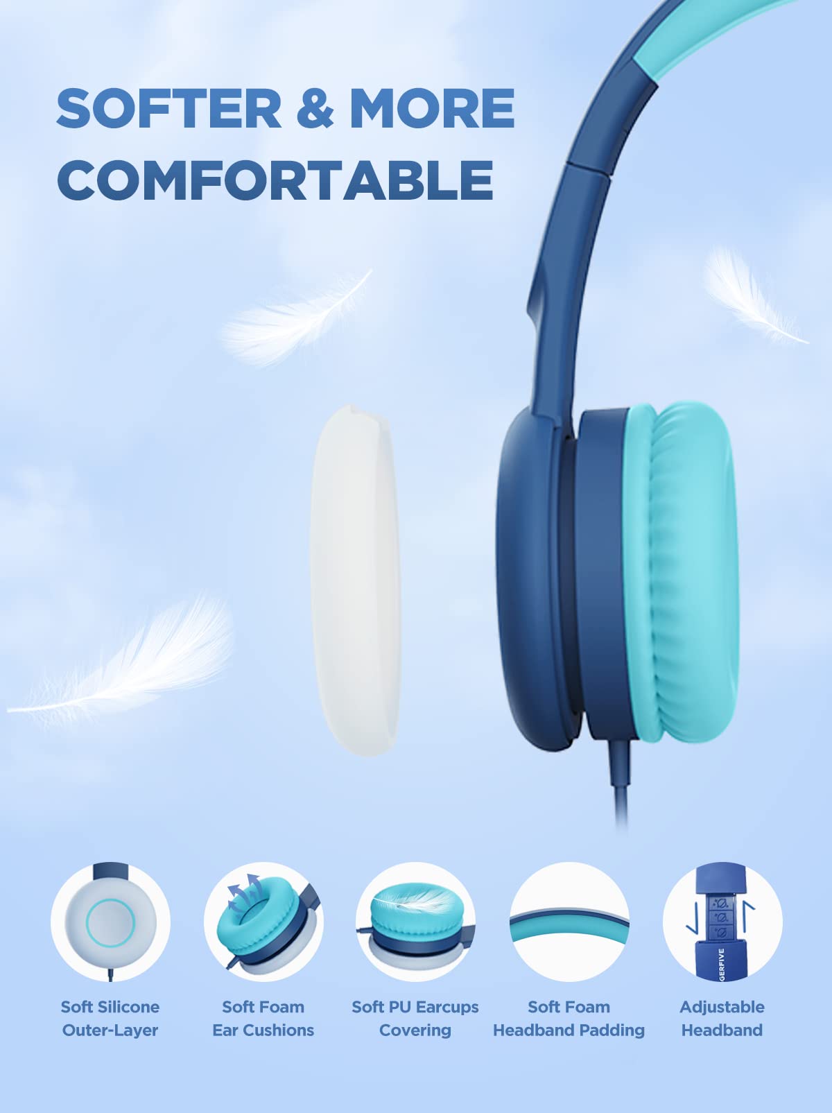 BIGGERFIVE Kids Headphones, Wired Headphones for Kids Boys Girls, 85/94dB Safe Volume Limited, Microphone, Foldable, 3.5mm Jack Stereo Child Teens Headphones for School/Travel/iPad/Tablet, Blue