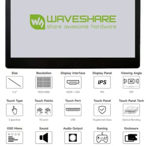 waveshare 11.6inch Capacitive Touch Screen LCD with Case Compatible with Raspberry Pi 4B/3B+/3A+/2B/B+/A+/Zero/Zero W/WH/Zero 2W CM3+/4 1920×1080 Resolution HDMI IPS Supports Jetson Nano/Windows