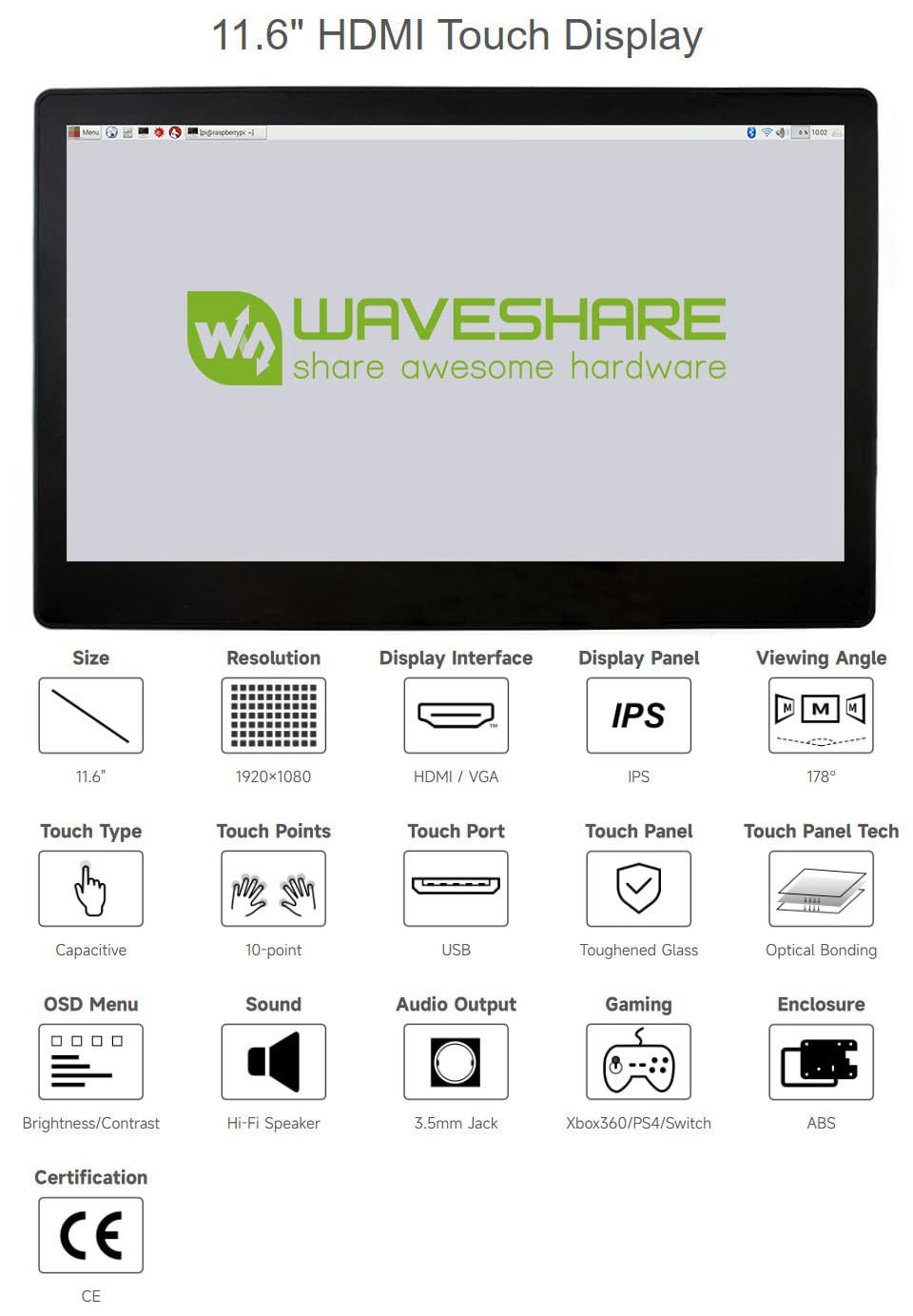 waveshare 11.6inch Capacitive Touch Screen LCD with Case Compatible with Raspberry Pi 4B/3B+/3A+/2B/B+/A+/Zero/Zero W/WH/Zero 2W CM3+/4 1920×1080 Resolution HDMI IPS Supports Jetson Nano/Windows