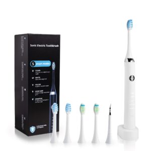 electric toothbrush for adults, sonic toothbrush with 4 brush heads 1 calculus cleaner, rechargeable toothbrushes with 5 modes and smart timer, fast charge 4 𝐇𝐨𝐮𝐫𝐬 𝐋𝐚𝐬𝐭 90 𝐃𝐚𝐲𝐬 (white)