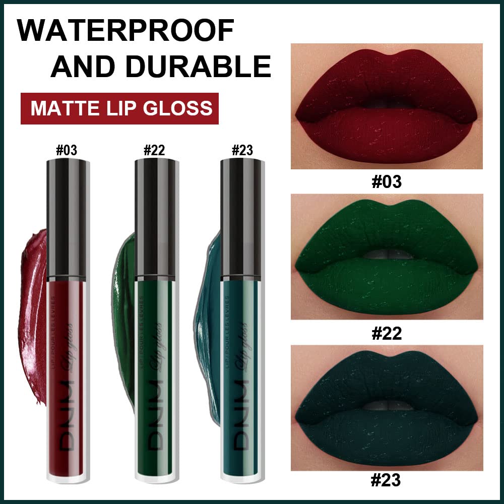 evpct 3Pcs Dark Color Colored Red Emerald Green Matte Liquid Lipstick Make up Set 24 Hour Long Lasting Waterproof Smudge Proof Deep red Green Liquid Lipstick Matte Lip Stain Gloss Liner Green Kit 8