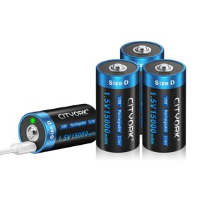 cityork 4 pack d batteries, 15000mah usb rechargeable d cell lithium batteries with 4 in 1 usb-c cable, 1.5v constant output d size battery for flashlights, remote controls, radios,toys, clocks