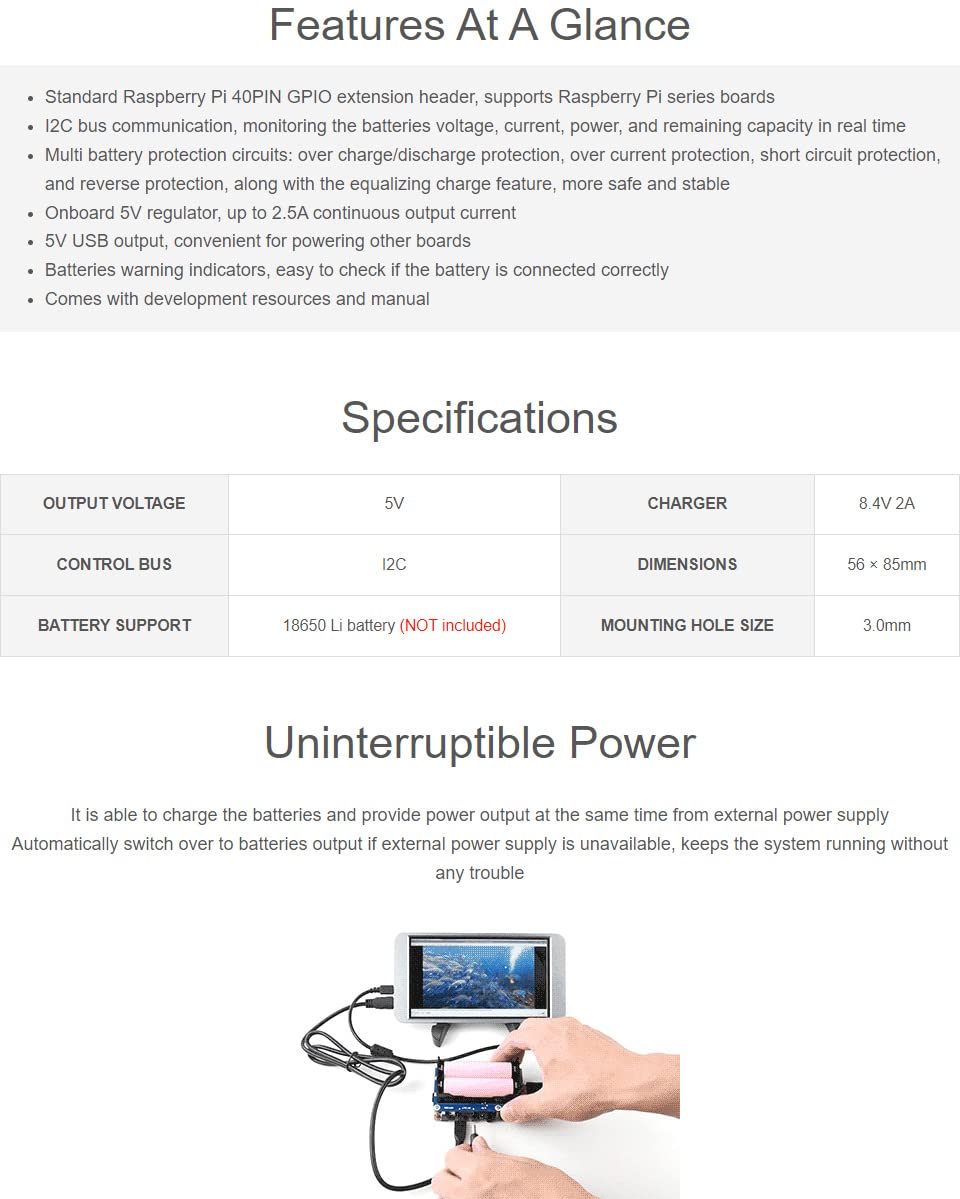 Waveshare UPS HAT for Raspberry Pi, 5V Uninterruptible Power Supply Charge and Power Output at The Same Time