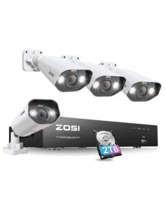 zosi 8ch 4k spotlight home poe security camera system,8 ports 16ch 8mp nvr with 2tb hdd,4 x 5mp outdoor poe ip cameras,person vehicle detection,2-way audio,night vision,sound alarm,for 24-7 recording