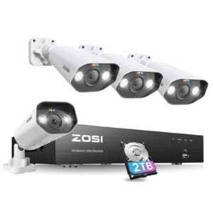 ZOSI 8CH 4K Spotlight Home PoE Security Camera System,8 Ports 16CH 8MP NVR with 2TB HDD,4 x 5MP Outdoor PoE IP Cameras,Person Vehicle Detection,2-Way Audio,Night Vision,Sound Alarm,for 24-7 Recording