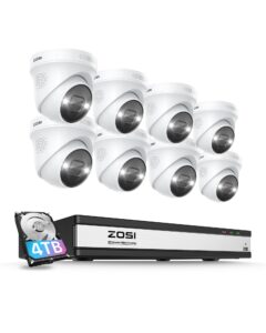 zosi 16ch 4k spotlight poe security camera system,8pcs 4k outdoor indoor poe ip cameras,person vehicle detection,2 way audio and siren,night vision,8mp 16channel nvr with 4tb hdd for 24/7 recording