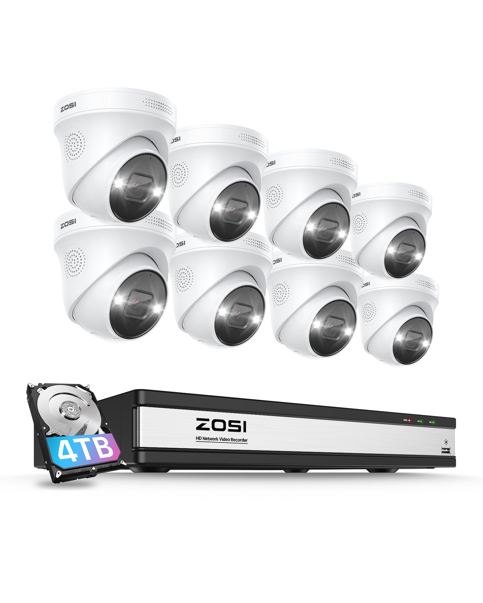 ZOSI 16CH 4K Spotlight PoE Security Camera System,8pcs 4K Outdoor Indoor PoE IP Cameras,Person Vehicle Detection,2 Way Audio and Siren,Night Vision,8MP 16Channel NVR with 4TB HDD for 24/7 Recording