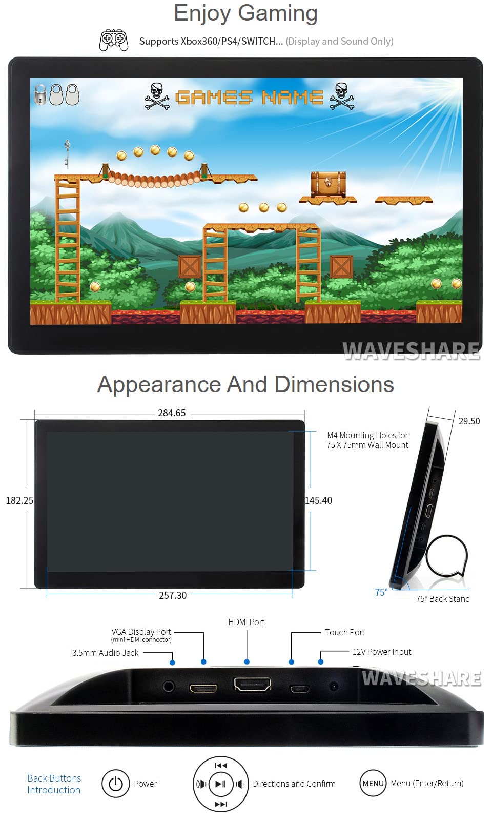 waveshare 11.6inch Capacitive Touch Screen LCD with Case Compatible with Raspberry Pi 4B/3B+/3A+/2B/B+/A+/Zero/Zero W/WH/Zero 2W CM3+/4 1920×1080 Resolution HDMI IPS Supports Jetson Nano/Windows