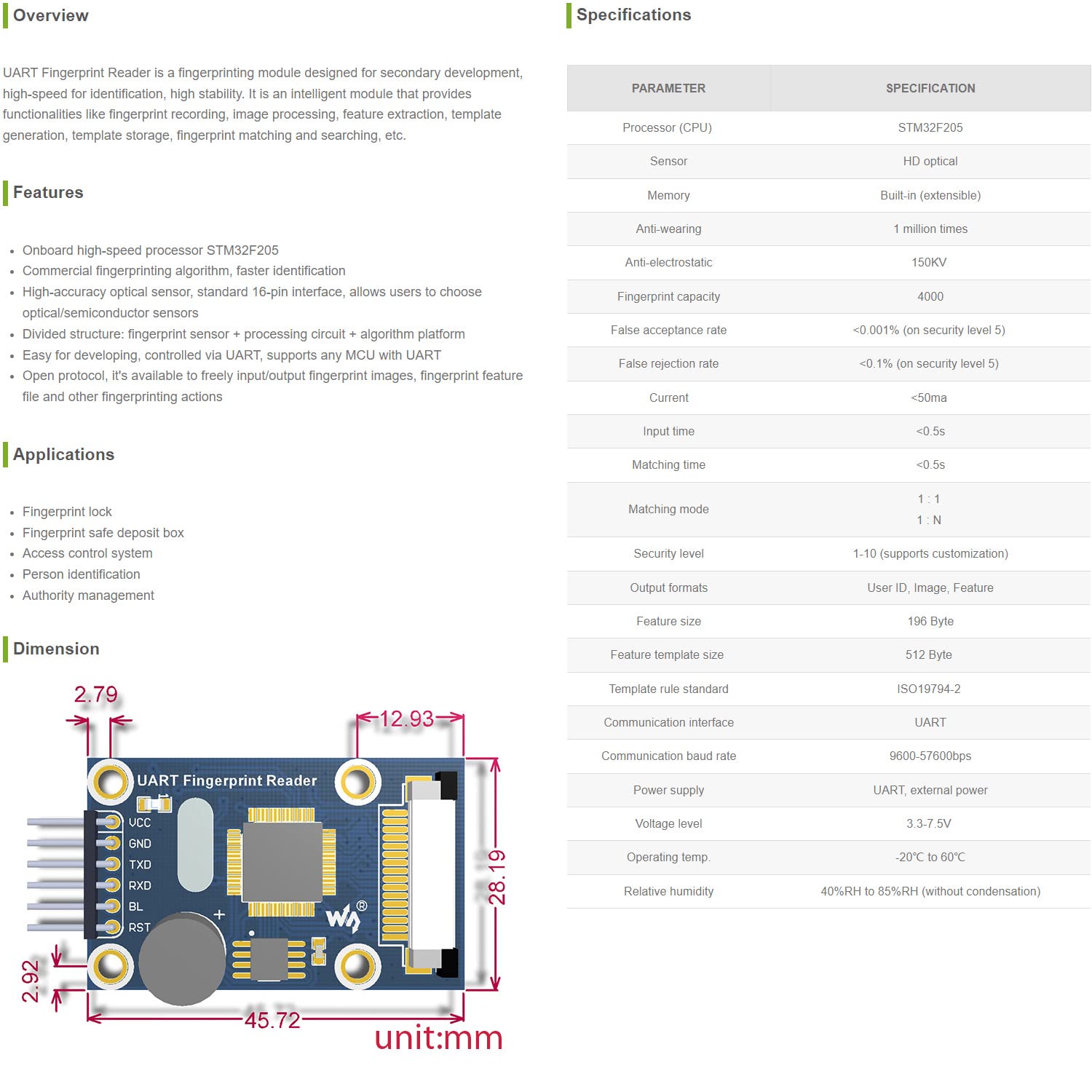 Waveshare UART Fingerprint Reader High-Speed for Identification High Stability Onboard Processor STM32F205 Commercial Fingerprinting Algorithm Optical Sensor