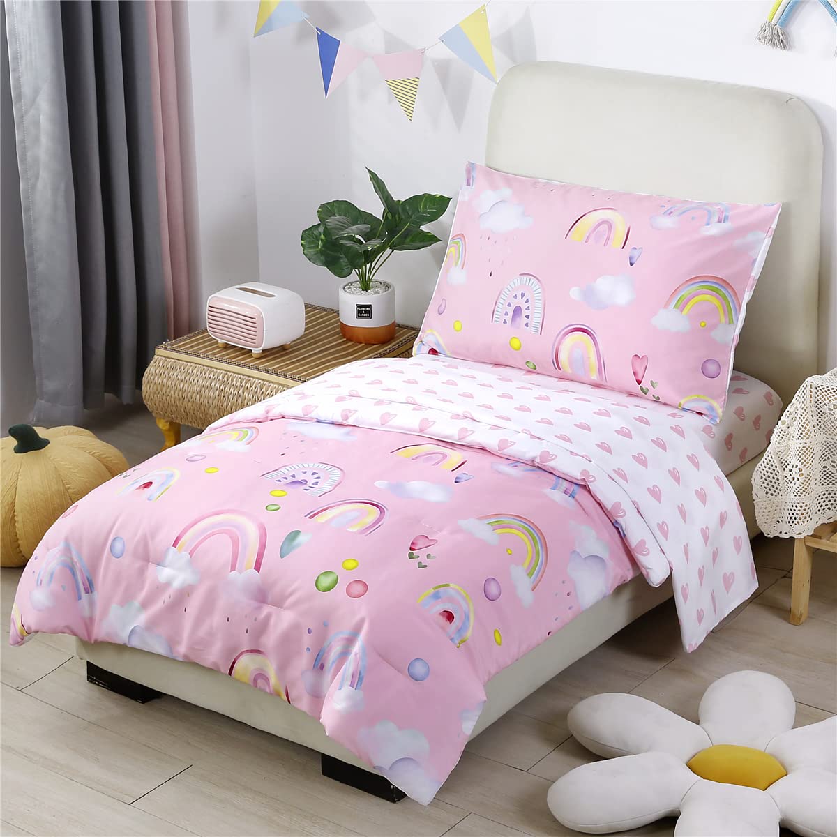 URBONUR 4-Piece Toddler Bedding Set - Ultra Soft Colorful Rainbow Cloud on Pink Girls Toddler Comforter Set - Include Comforter, Flat Sheet, Fitted Sheet and Reversible Pillowcase