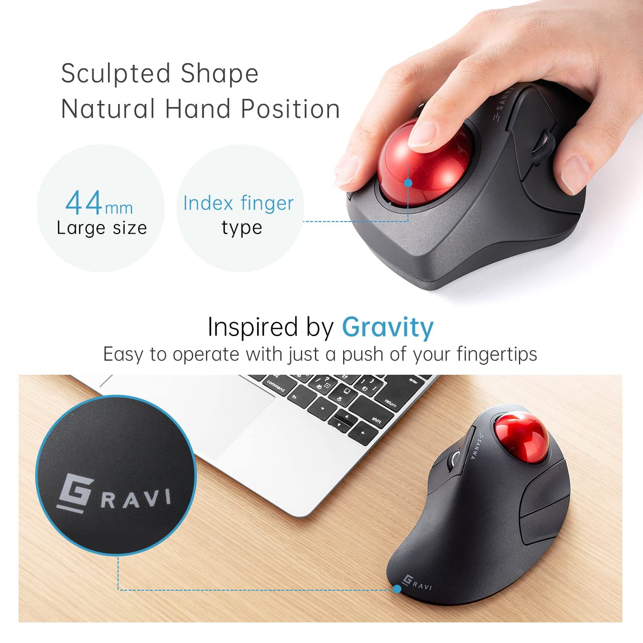 SANWA Wired Ergonomic Trackball Mouse, Optical Rollerball Mice, Programmable Silent Buttons, 44mm Trackball, 600/800/1200/1600 Adjustable DPI, Compatible with MacBook, Laptop, Windows, macOS