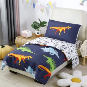 URBONUR 4-Piece Toddler Bedding Set - Ultra Soft Cartoon Jurassic Dinosaur Print Boys Toddler Comforter Set - Include Comforter, Flat Sheet, Fitted Sheet and Reversible Pillowcase, Navy Dinosaur