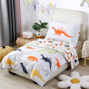 URBONUR 4-Piece Toddler Bedding Set - Ultra Soft Cartoon Jurassic Dinosaur Print Boys Toddler Comforter Set - Include Comforter, Flat Sheet, Fitted Sheet and Reversible Pillowcase, Gray Dinosaur