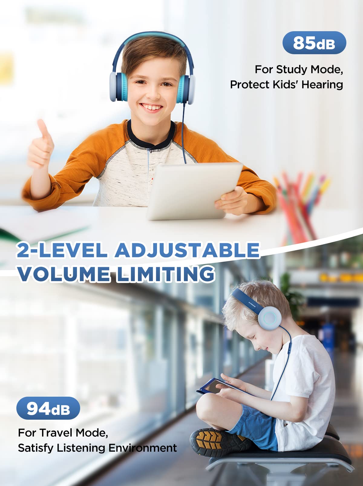 BIGGERFIVE Kids Headphones, Wired Headphones for Kids Boys Girls, 85/94dB Safe Volume Limited, Microphone, Foldable, 3.5mm Jack Stereo Child Teens Headphones for School/Travel/iPad/Tablet, Blue