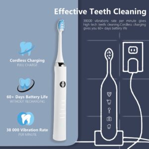 Electric Toothbrush for adults, Sonic Toothbrush with 4 Brush Heads 1 Calculus Cleaner, Rechargeable Toothbrushes with 5 Modes and Smart Timer, Fast Charge 4 𝐇𝐨𝐮𝐫𝐬 𝐋𝐚𝐬𝐭 90 𝐃𝐚𝐲𝐬 (White)