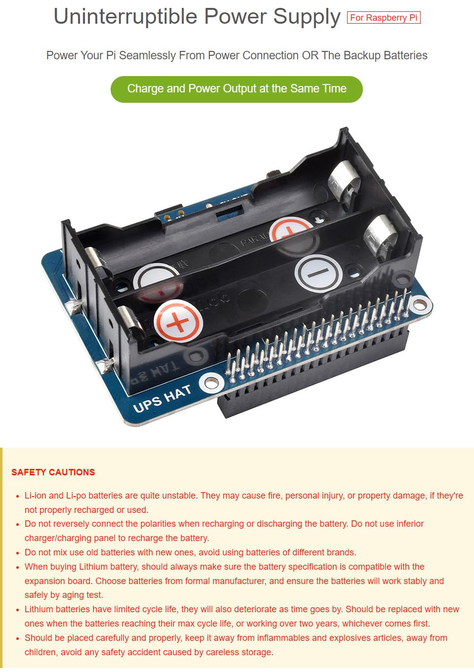 Waveshare UPS HAT for Raspberry Pi, 5V Uninterruptible Power Supply Charge and Power Output at The Same Time