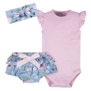 gerber baby girls 3-piece short sleeve onesies, diaper cover & headband set, blue rose, 0-3 months