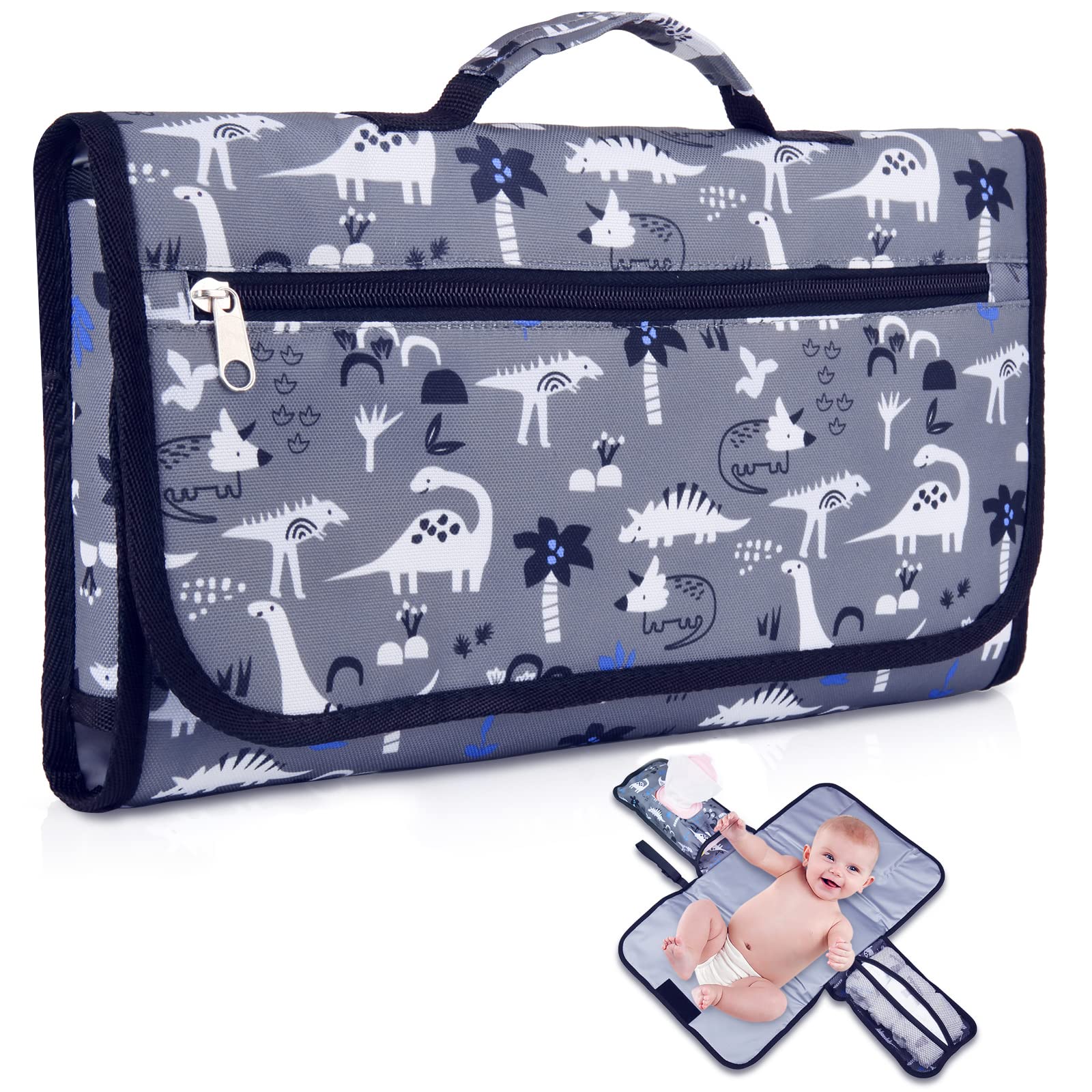 Portable Changing Pad, Diaper Changing Pad for Newborn, One-Hand Baby Changing Pad Built-in Comfort Foam Cushion & Baby Stuff Pockets for Baby Shower Gifts, Newborn Baby Essentials Unisex Baby Stuff