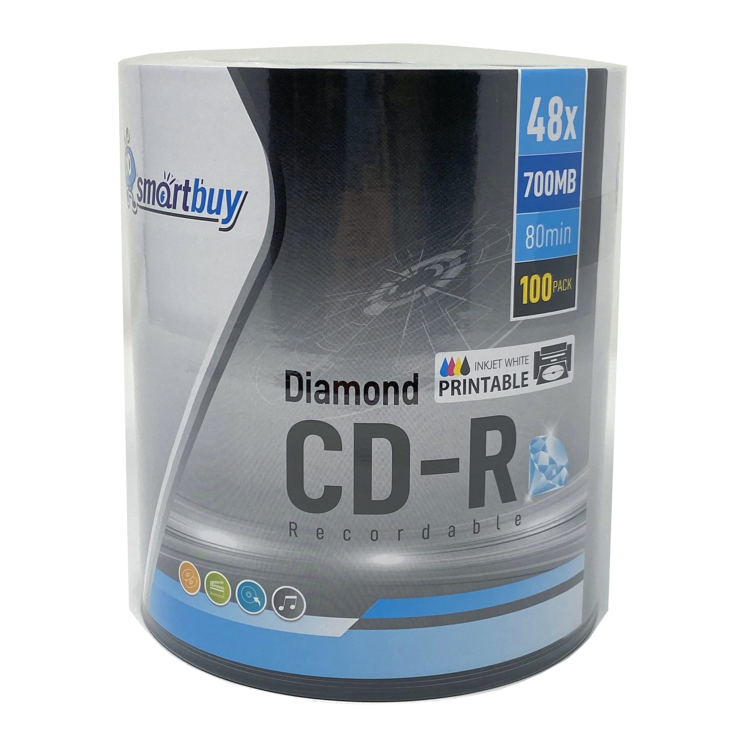 100 Pack Smartbuy Diamond CD-R 48X 700mb/80min White Inkjet Hub Printable Top with Silver Diamond Bottom Blank Data Recordable Disc