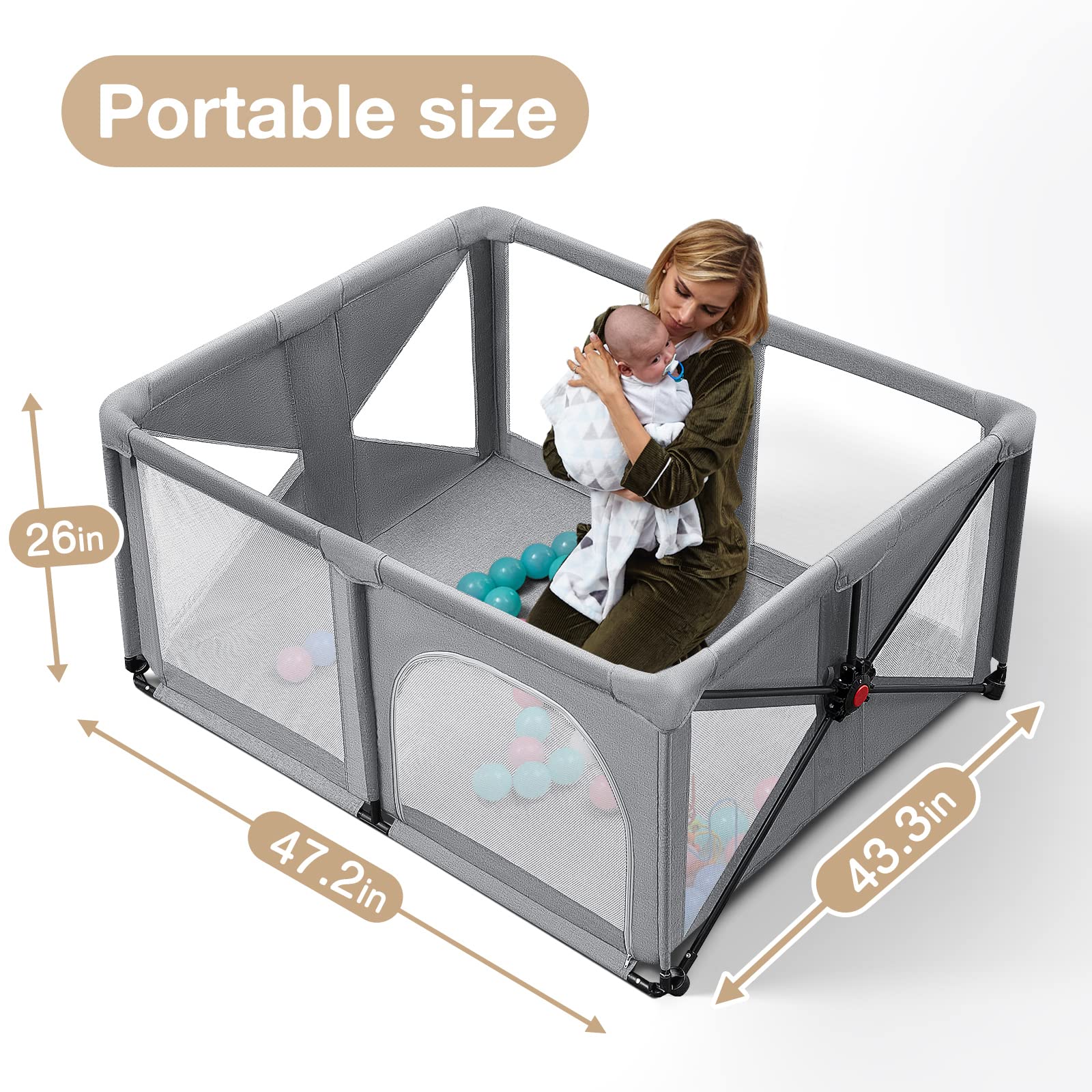 Foldable Baby Playpen, RONBEI Easy to Assemble Portable Foldable Playpen for Babies and Toddlers, Travel Indoor Outdoor Baby Playpen Play Yard Lightweight Baby Fence