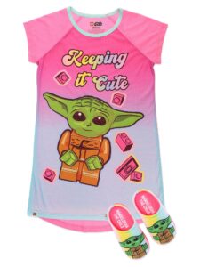 lego star wars pajamas, baby yoda nightshirt with cozeez slippers, pink, size little kids size 7/8