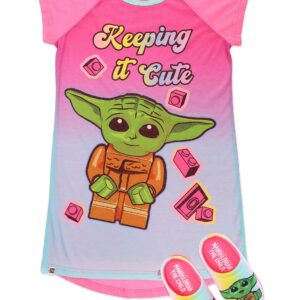 LEGO Star Wars Pajamas, Baby Yoda Nightshirt with Cozeez Slippers, Pink, Size Little Kids Size 7/8