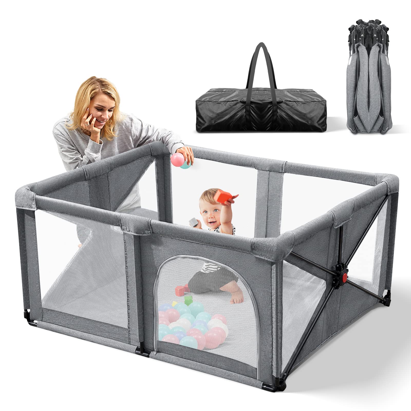 Foldable Baby Playpen, RONBEI Easy to Assemble Portable Foldable Playpen for Babies and Toddlers, Travel Indoor Outdoor Baby Playpen Play Yard Lightweight Baby Fence