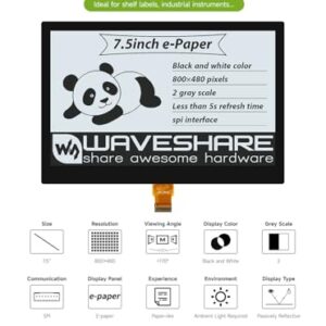 Waveshare 7.5inch E-Paper E-Ink Optical Bonding Display Compatible with Raspberry Pi 4B/3B+/3B/2B/B+/A+/Zero/Zero W/WH/Zero 2W Series Boards 800×480 Pixels Dual-Color with SPI Interface Without PCB