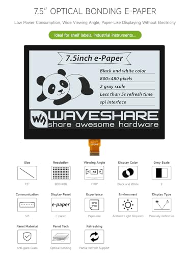 Waveshare 7.5inch E-Paper E-Ink Optical Bonding Display Compatible with Raspberry Pi 4B/3B+/3B/2B/B+/A+/Zero/Zero W/WH/Zero 2W Series Boards 800×480 Pixels Dual-Color with SPI Interface Without PCB