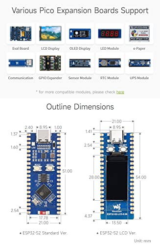 Waveshare 2.4 GHz WiFi Development Board Based On Microcontroller ESP32-S2 240 MHz Xtensa Single-core 32-bit LX7 microcontroller 240MHz ESP32-S2-LCD