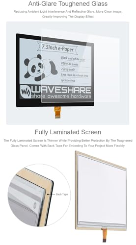 Waveshare 7.5inch E-Paper E-Ink Optical Bonding Display Compatible with Raspberry Pi 4B/3B+/3B/2B/B+/A+/Zero/Zero W/WH/Zero 2W Series Boards 800×480 Pixels Dual-Color with SPI Interface Without PCB