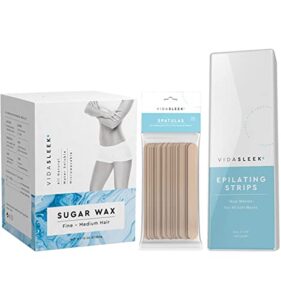 wax kit bundle: hair removal sugar wax kit (10 oz) + pack of 100 non-woven wax strips + pack of 35 spatulas