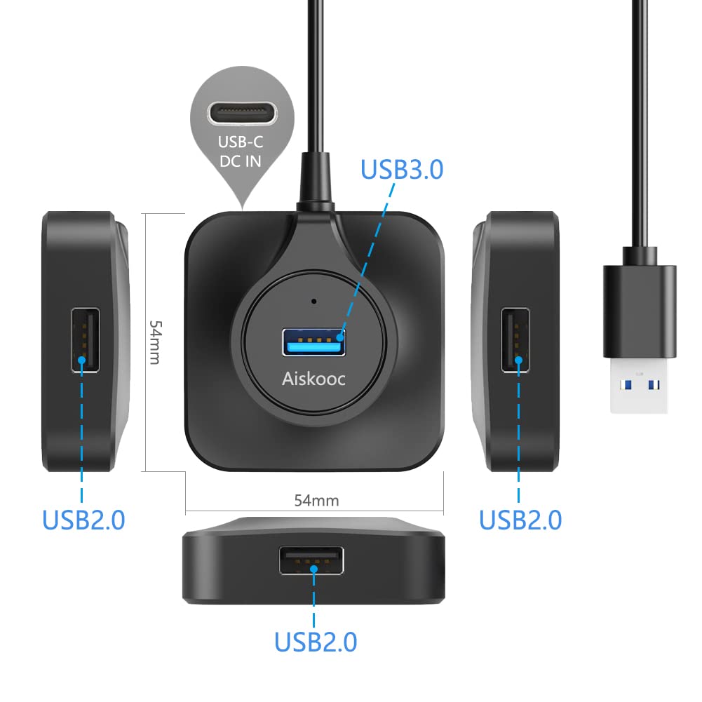 USB Hub AISKOOC USB 3.0 Hub with USB-C Power Supply Port USB 3.0 * 1 Port and USB 2.0 * 3 Ports USB Splitter for Laptop Car PC XPS USB Flash Drives Mobile HDD Printer Camera and More -Black (1.65FT)