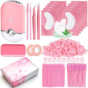 eyelash extension supplies kit for professionals 1 mini fan lash dryer,lash extension silicone pad,2 tweezers,tapes,10 under eye gel pads,50 mascara brush,100 micro applicator,100 glue ring (pink b)