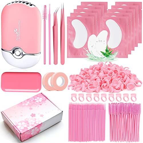 Eyelash Extension Supplies Kit for Professionals 1 Mini Fan Lash Dryer,Lash Extension Silicone Pad,2 Tweezers,Tapes,10 Under Eye Gel Pads,50 Mascara Brush,100 Micro Applicator,100 Glue Ring (Pink B)